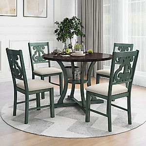 Merax 5-Piece Round Dining Table Set with Special-Shaped Legs and an Exquisitely Designed Hollow Chairs Back, Antique Blue/Dark Brown