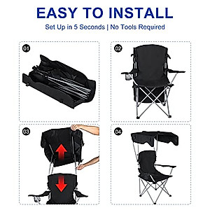 YSSOA Canopy Lounge Chair with Sunshade for Camping, Hiking, Travel, and Other Outdoor Events, with Cup Holder, 21.6" x 21.6" x 36", Black, 1-Pack