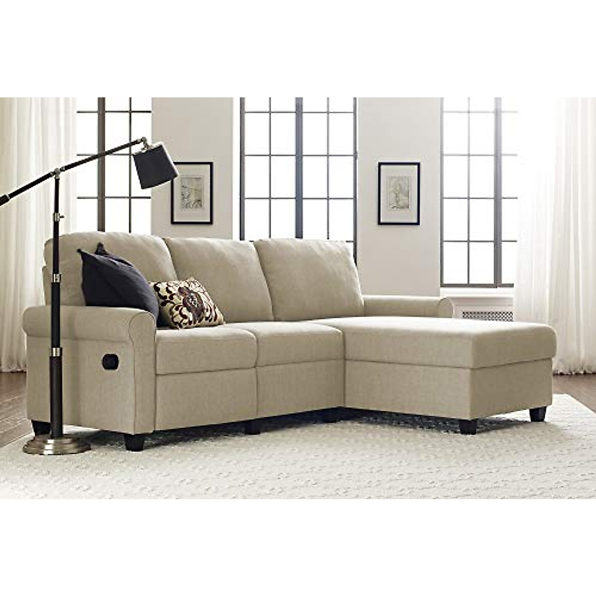 Serta Copenhagen Reclining Sofa Small Couch with Built-in Storage, Low-Maintenance & Family-Friendly Fabric, Right Sectional, Dusk Beige