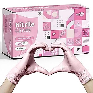 WECARE Pink Disposable Nitrile Gloves Medium - 200 Pack - 3 Mil - Powder and Latex Free - Non-Sterile - Food Safe Gloves