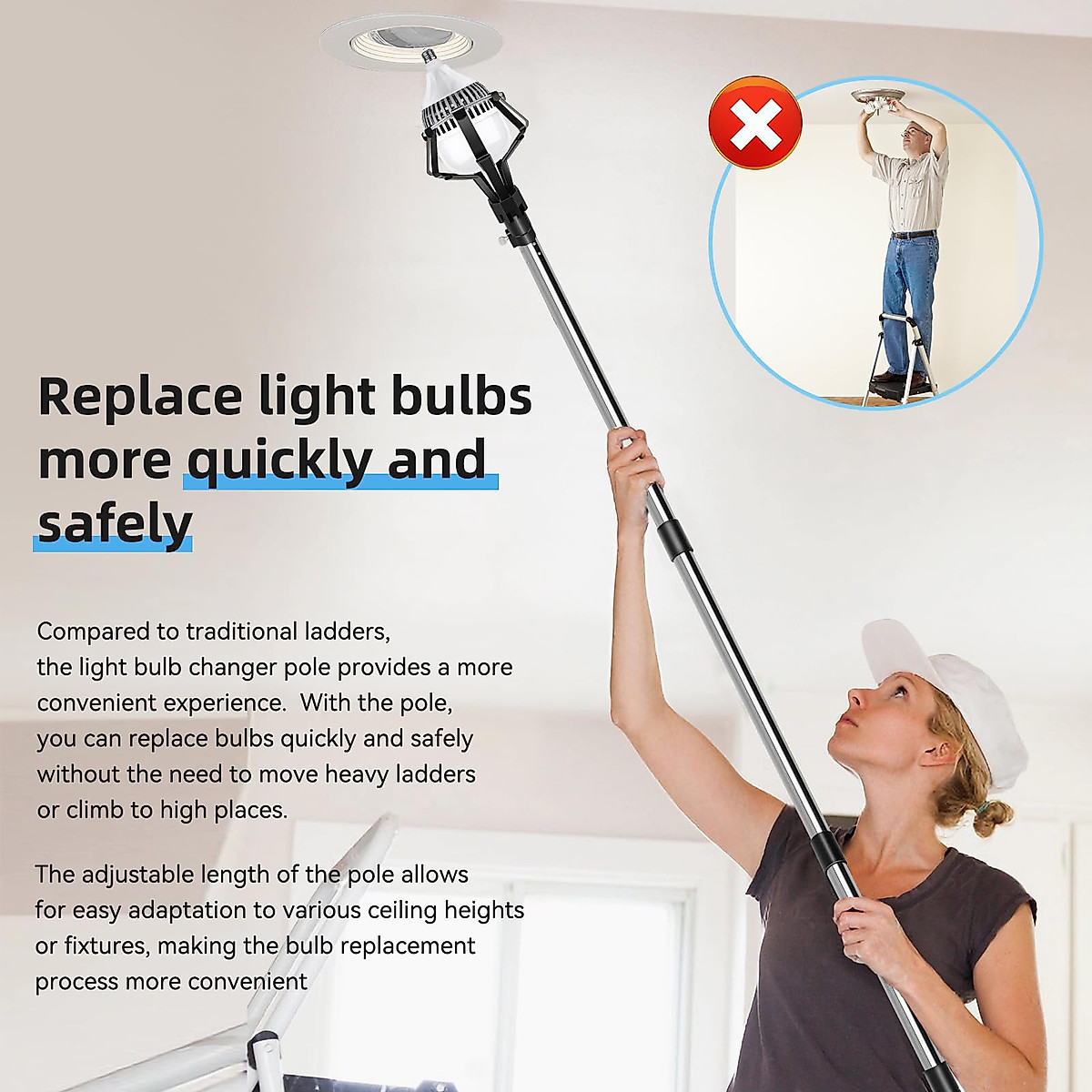 ccook Light Bulb Changer High Ceiling, 3-12FTAssembled Light Bulb Changer for Recessed Lights with Extension Pole Changer， Baskets & Suction Cup, Bulb Removal Tool for Household, Camping (Black-)