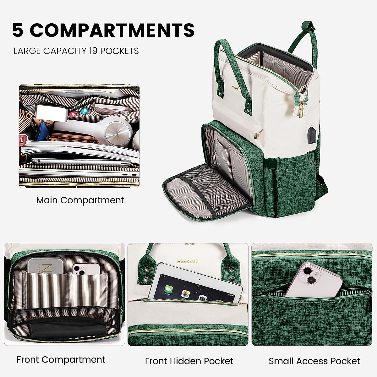 LOVEVOOK Laptop Backpack Purse for Women, Fashion Work Travel Bags, Business Computer Backpacks, Doctor Nurse Backpack with USB Port, fits 15.6-Inch Laptop, Beige-Dark Green