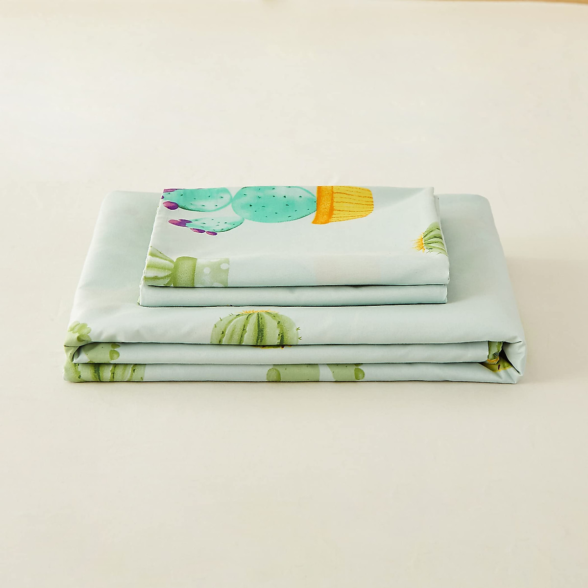 MOCAHOME Mint Duvet Cover Set Twin Size, Cactus Printed, 3 Pieces Soft Bedding 1 Duvet Cover+2 Pillow Cases