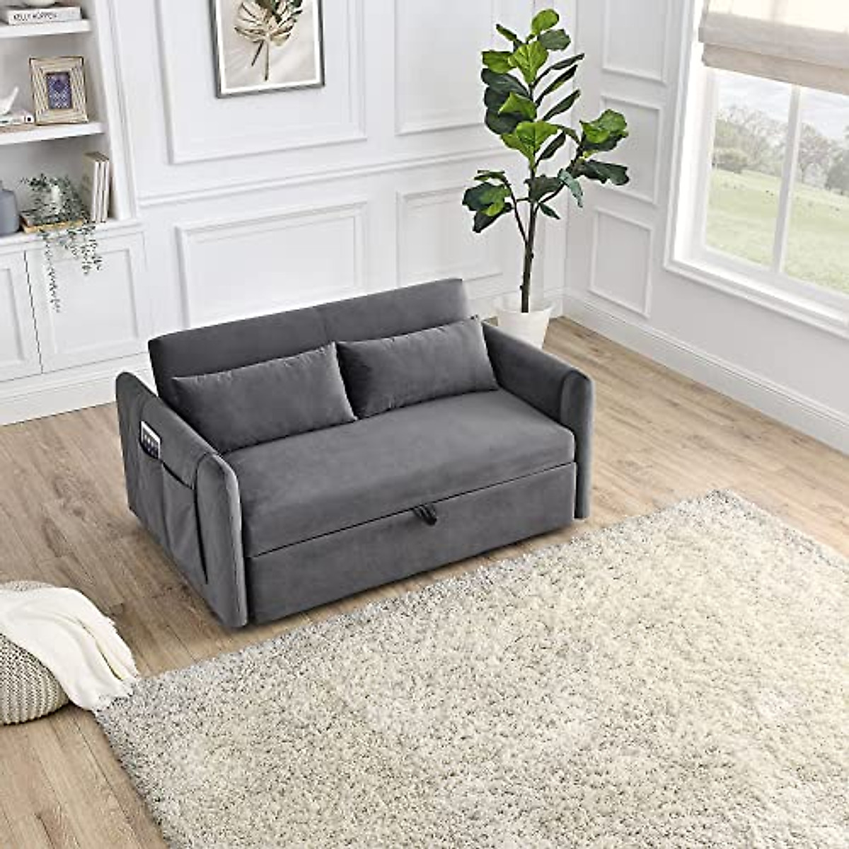 Eafurn 3 in 1 Multi-Functional Convertible Sleeper Sofa Bed, Modern Velvet Loveseat Sofa & Pull Out Couch Reclining Adjustable Backrest and 2 Pillows Grid Design Armrests for Apartment Living Room