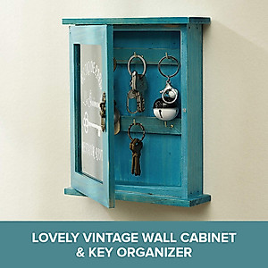 Glass Wooden Box Key Holder for Wall with 6 Hooks - 8.27" x 9.84" x 2.36" Entryway Storage Cabinet - Rustic Decor & Floating Shelf - Key Rings & Mail Organizer Wall Shelf - Vintage Wall Decor - Aqua