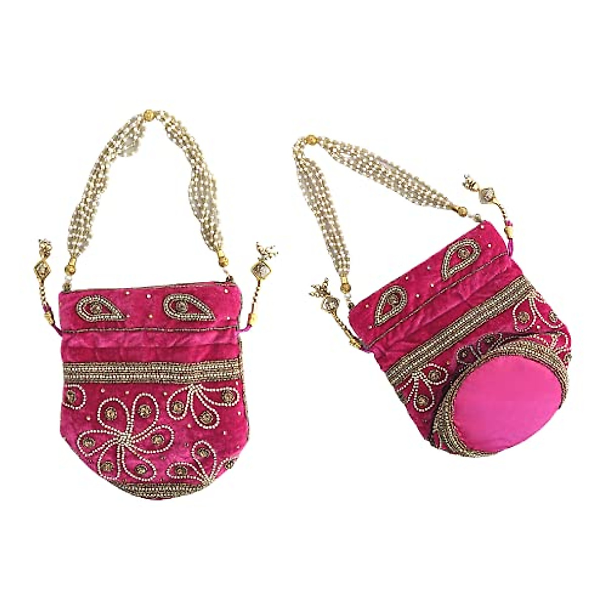 CRAFT BAZAAR Indian Potli Bag, Standing Drawstring Purse, Mini Bucket Bag, Evening Bag with Wristlet and Tassels (Pink)