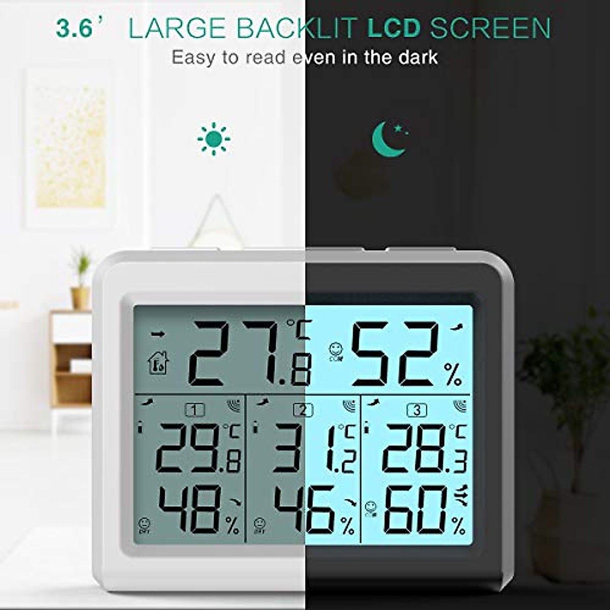 ORIA Indoor Outdoor Thermometer, Digital Hygrometer Thermometer, Wireless Temperature and Humidity Gauge Monitor with 3 Sensors, LCD Backlight for Home, Office, Bedroom, White