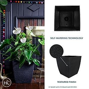 The HC Companies 12 Inch Santa Fe Square Self Watering Planter - Decorative Lightweight Plant Pot with Drainage Hole for Indoor Outdoor Use, Black Sand