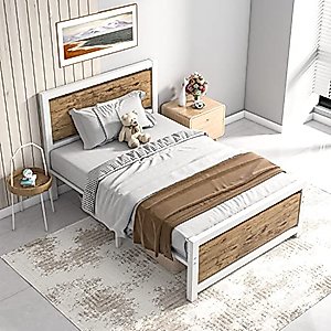 Bed Frame Twin Size with Headboard, Platform Bed Frame Twin with White Heavy Duty Steel Slats Support, Metal Twin Bed Frames No Box Spring Needed, Underbed Storage Space, Noise-Free, Rustic Brown