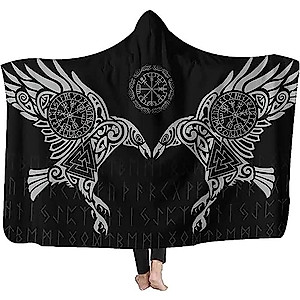 BURNAR Viking 3D Printed Hooded Blanket Warm Soft Viking Raven Celtic Runes Unisex Winter Wearable Hooded Blanket Double Thick Plush Fleece Blanket Cape (Color : Blanket, Size : 50x60in/130x150cm)