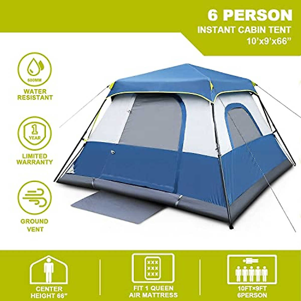 6 Person Tent, Tents for Camping,6 Person 60 Seconds Set Up Camping Tent, Waterproof Pop Up Tent with Top Rainfly, Instant Cabin Tent, Advanced Venting Design, Provide Gate Mat