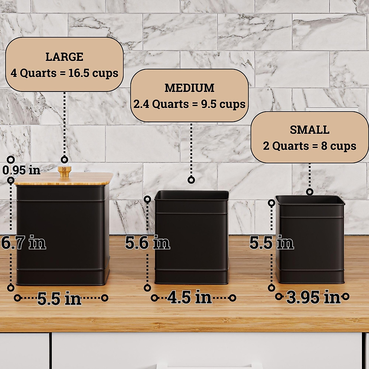 Kitchen Canisters for Countertop Set of 3 with Customizable Chalkboard Labels & Marker Pen - Big Iron Kitchen Canisters with Airtight Lids - Canisters Sets for the Kitchen - Black Kitchen Canister Set