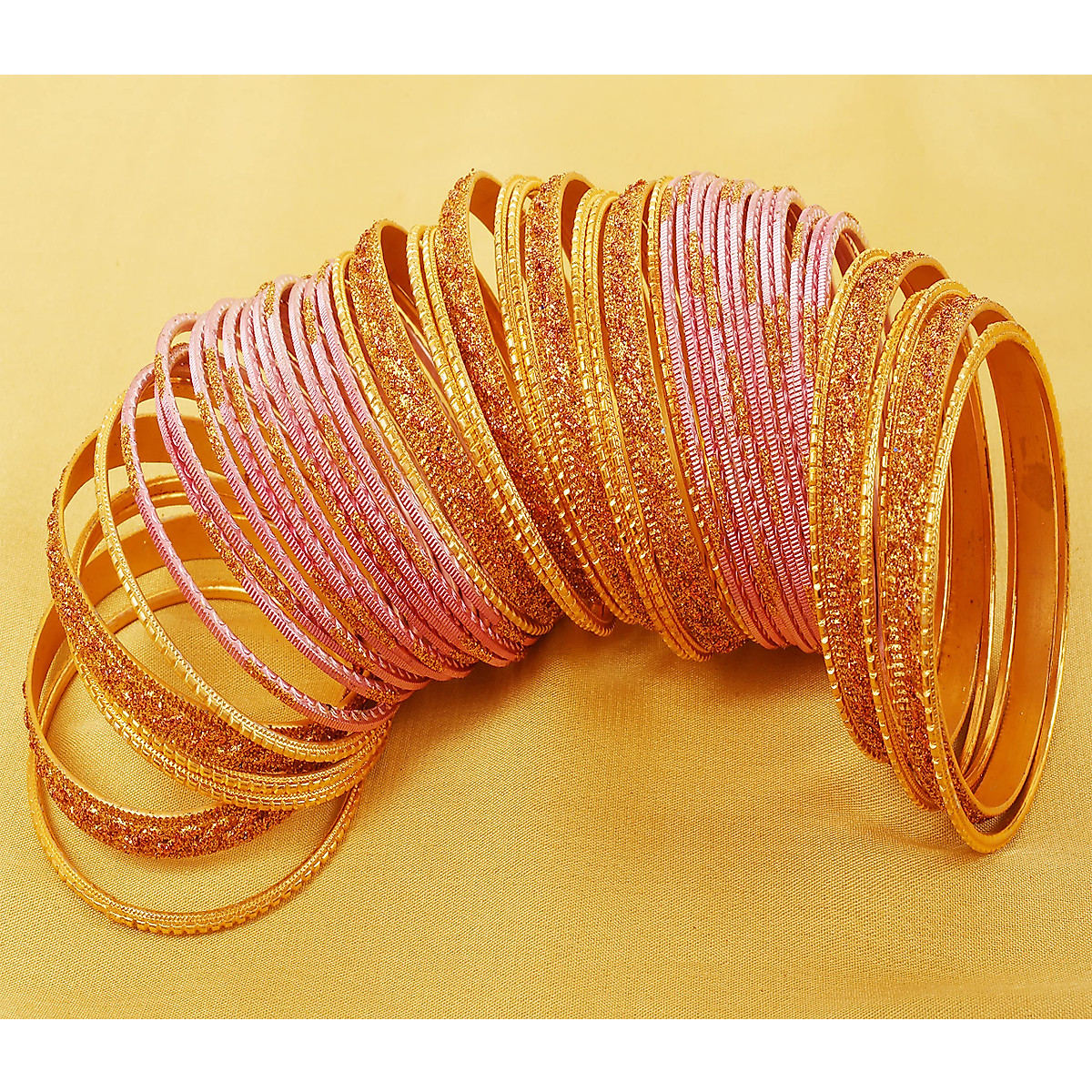 Touchstone Indian Bollywood Glamorous Fashion Wrist Enhancing Shimmering Golden Glitters Textured Peach Color Designer Jewelry Bracelets Bangle Chura. Set of 48 in Gold Tone for Women.
