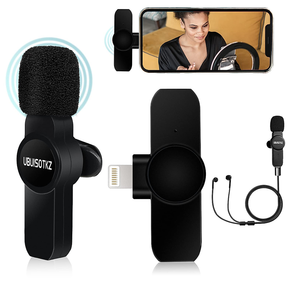 UBUISOTKZ Wireless Lavalier Microphone Compatible with Lightning Cable,iPhone,iPad–Wireless Microphone with 3 Level Noise Reduction &Real Time Monitor Function for TikTok, Vlogging
