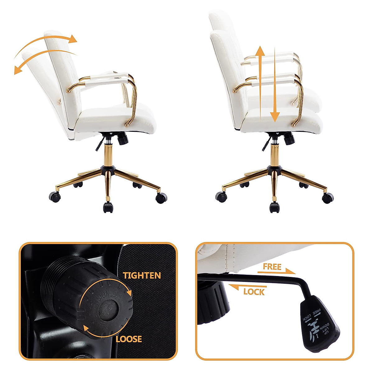 DUHOME PU Leather Home Office Desk Chairs, Modern Gold Task Chair with Wheels for Office, Swivel Adjustable Computer Chair with Armrest and Gold Base White