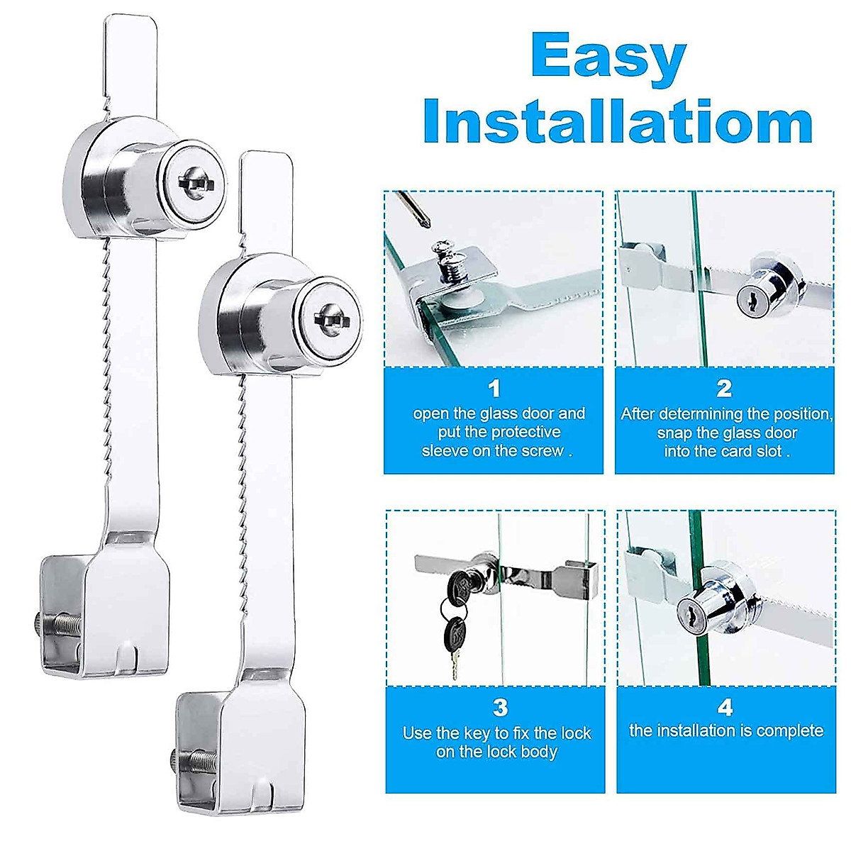 2 Pcs Glass Cabinet Lock, Display Case Wine Cabinet Lock Security,Showcase Lock with Chrome Finish, Keyed Alike,Glass Display Case Lock