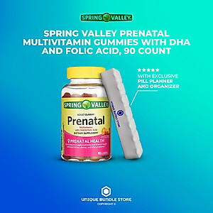 Spring Valley, Prenatal Vitamins Gummies, 90 Count with DHA and Folic Acid, Prenatal Multivitamin Gummies + 7 Day Pill Organizer Inlcuded (Pack of 1)