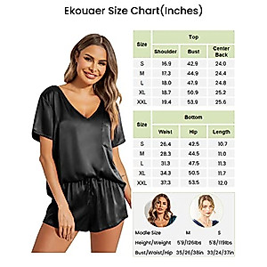 Ekouaer Satin Sleepwear Women's Short Sleeve Pajamas Silk Soft Loungewear Two Piece Pjs Set (Black,S)