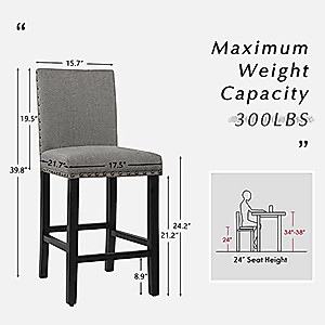 DAGONHIL 24 inch Bar Stools Set of 4, Counter Height Bar Stools with Backs, Nail Head Barstools with Wood Legs, Upholstered Kitchen Island Chairs, Gray