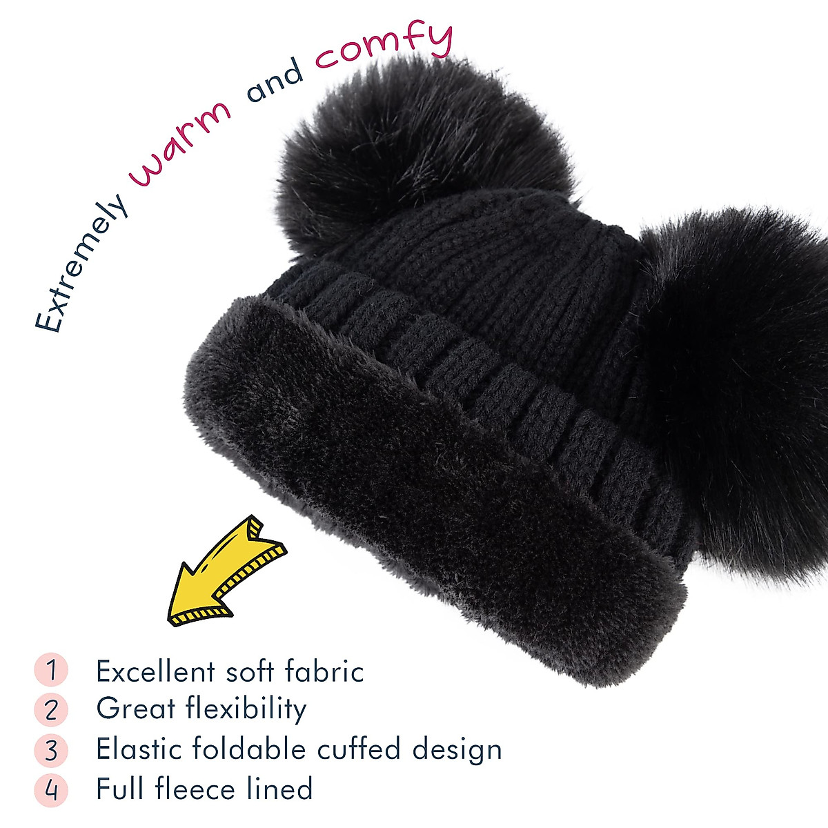 Simplicity Winter Hat with Pom Pom for Boys Warm Kids Beanie for Baby Boys Cozy Beanie Cap Toddler Hats, Black