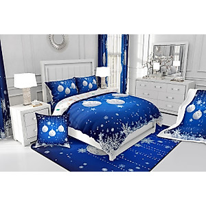 Erosebridal Merry Christmas Duvet Cover Queen Size,Blue Christmas Ornaments Bedding Set Xmas Snowflake Comforter Cover for Boys Girls Glitter Stars Bed Sets New Year Christmas Decorations