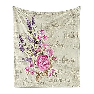 Lunarable Lavender Throw Blanket, Postal Stamps and Postmarks Grungy Backdrop Romantic Bridal Corsage, Flannel Fleece Accent Piece Soft Couch Cover for Adults, 50" x 70", Pale Pink Lavender Tan