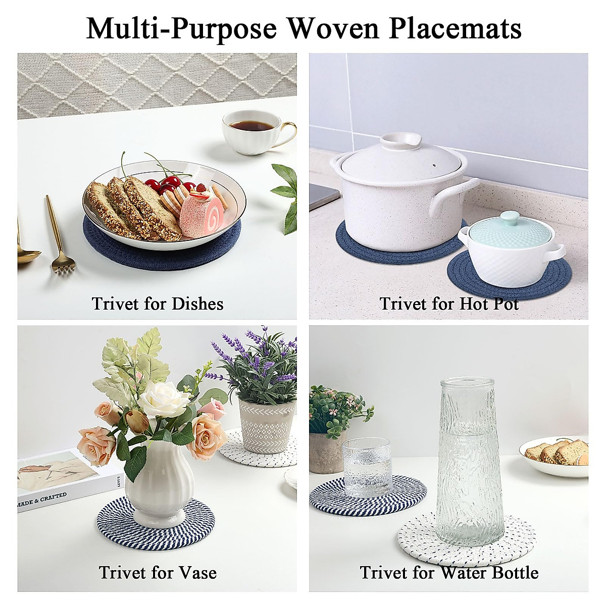 SHACOS 8 Inches Trivets for Hot Dishes, 4 Pieces Cotton Trivets Mats for Kitchen, Hot Pads for Countertops and Table, Heat-Resistant Pot Holders for Hot Pots and Pans(Blue, 4pcs)