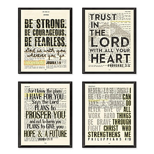 Set of 4-5x7's, Joshua 1:9, Proverbs 3:5, Jeremiah 29:11, Philippians 4:13 Art Prints, Unframed, Vintage Bible Page Verse Set Wall Decor Posters, 5x7 Inches