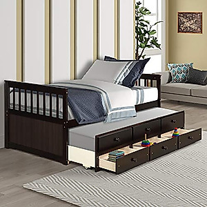 UBGO 3-in-1 Twin Sofa Bed, Wooden Furniture Set with Rollers and 3 Storage Drawers, Captain Sofa Bed Frame for Boys Girls Small Space Bedrooms, Espresso