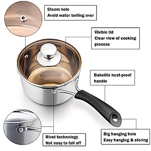 P&P CHEF 1 Quart Saucepan, Brushed Stainless Steel Saucepan with Lid, Small Sauce Pan for Home kitchen Restaurant Cooking, Easy Clean and Dishwasher Safe, Sliver, Brown, Black