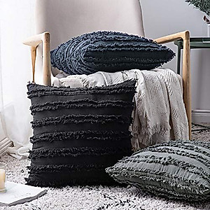MIULEE Set of 2 Decorative Boho Throw Pillow Covers Linen Striped Jacquard Pattern Cushion Covers for Sofa Couch Living Room Bedroom 18x18 Inch Dark Grey