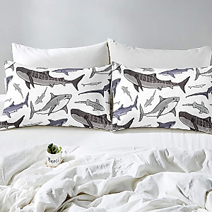 Feelyou Ocean Shark Bedding Set Gray White Shark Duvet Cover Set for Kids Boys Girls Sea Creature Sealife Comforter Cover Animal Printed Quilt Cover Bedroom Collection 2Pcs Twin Size
