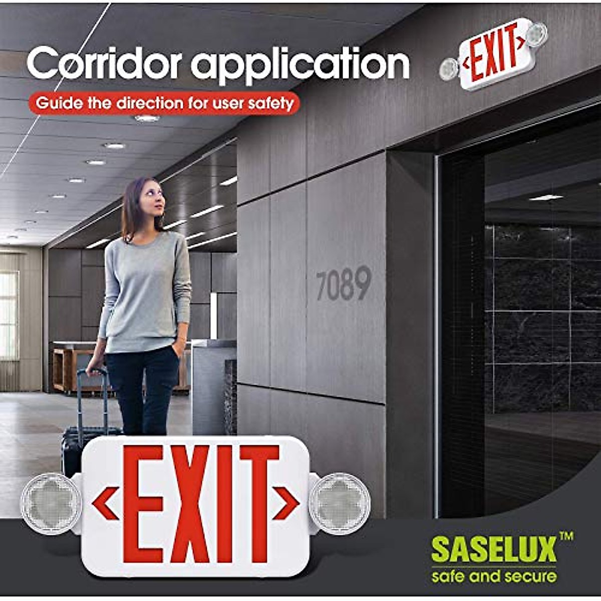 SASELUX Red Led Exit Sign Emergency Light Combo Adjustable Two Head, Double Sided and Battery Backup Exit Light, Contractor Select, AC 120/277V (6 Pack)