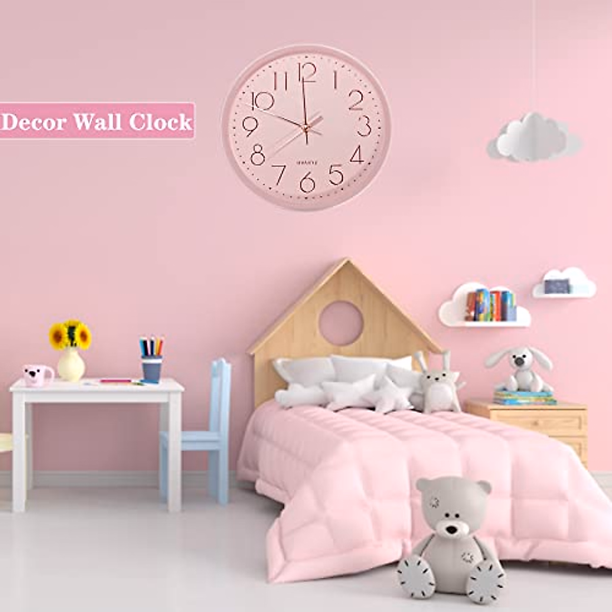 JUSTUP Round Wall Clock, 12 Inch Pink Large Wall Clock for Bedroom, Quality Quartz Modern Silent Clock with Battery Operated, Arabic Quiet Wall Clock Decor for Home Kitchen Living Room Office (Pink)
