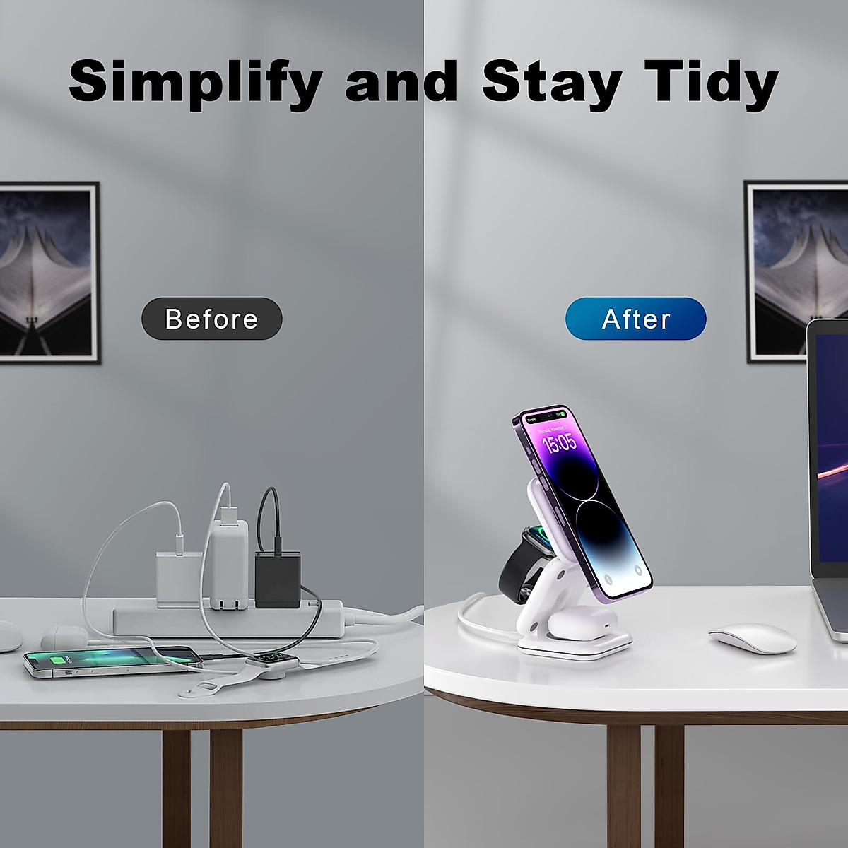 Gonat Wireless Charging Station, 3 in 1 Magnetic Wireless Charger for Apple Devices, Desk Lamp with Wireless Charger for iWatch and for Airpods, Compatible with iPhone 15/14/13/12 Series