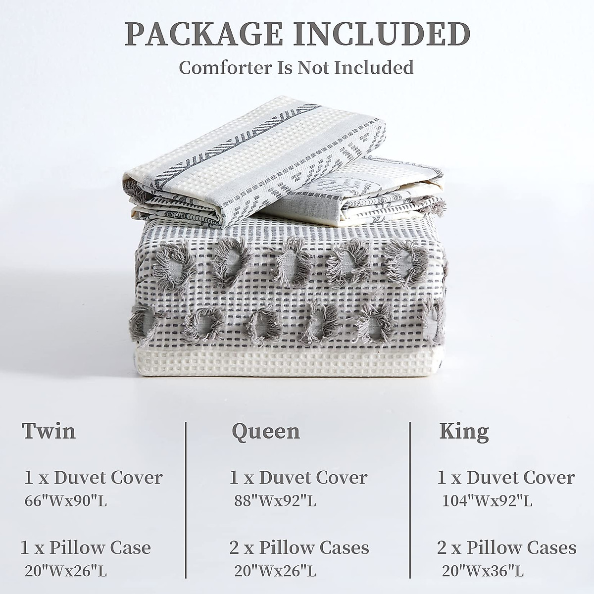 Cotton Jacquard Duvet Cover Set King Size, 3 Pieces Boho Yarn-Dyed Geometric Textured Farmhouse Duvet Cover Set with Waffle and Tufted Dots, 104x92 Inch