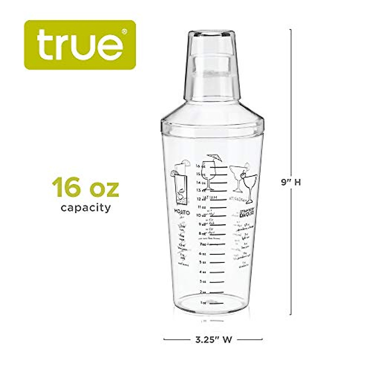 True Maraca Cocktail Recipe Shaker with Cap and Built In Strainer, 7 Drink Recipes with Measurements, Home Bar Accessories, Drink Mixer Handheld Bar Set, 16 oz.