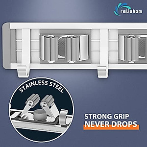 reliahom Broom Holder Mop Hanger Wall Mount Metal Organization Garage Storage System Garden Kitchen Tool Organizer (4 Racks with 5 Hooks, Silver)