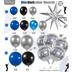 Blue and Black Silver Balloon garland kit 140pcs Royal blue and silver starburst Disco ball balloons for men 30th Birthday Party graduation 80s 90s Disco theme Decorations