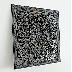 Black Wash Single Bed Headboard, Hand Carved Reclaim Teak Wooden Panels, Wood on Wall Art Hanging, Handmade in Thailand, 36 inches