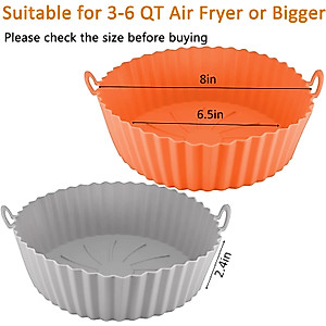 Large 8 Inch 2 Pack Air Fryer Silicone Liners Pot, Round Silicone Air Fryer Basket Baking Tray, Apply to 3.2-6.5 QT Airfryer, Reusable Cooking Oven Insert Accessories(Orange and Gray)