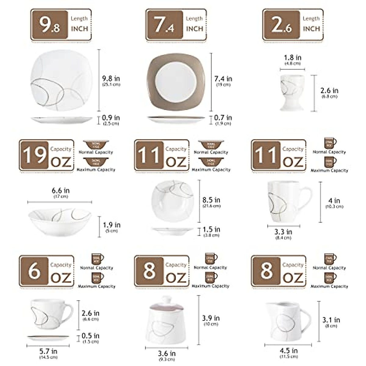 VEWEET, Series Nikita, 50-Piece Dinnerware Sets for 6, Including Porcelain Plates Sets, Bowls, Mugs, Egg Cups, Cup and Saucer Set, Milk Jug and Sugar Pot Set, Microwave and Dishwasher Safe