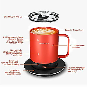 VSITOO Temperature Control Smart Mug with Lid, Coffee Mug Warmer with Mug for Desk Home Office, App Controlled Heated Coffee Cup, Self Heating Coffee Mug 14 oz, Electric Mug - Improved Design (Red)