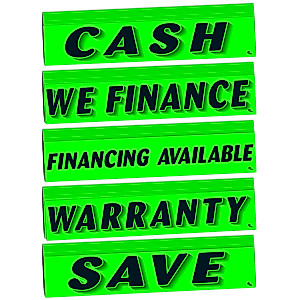 Versa Tags Windshield Slogan Stickers 12 Pack Each of Cash, WE Finance, FINANCING Available, Warranty, Save (60) Window Stickers Total Dealership Stickers Black On Green