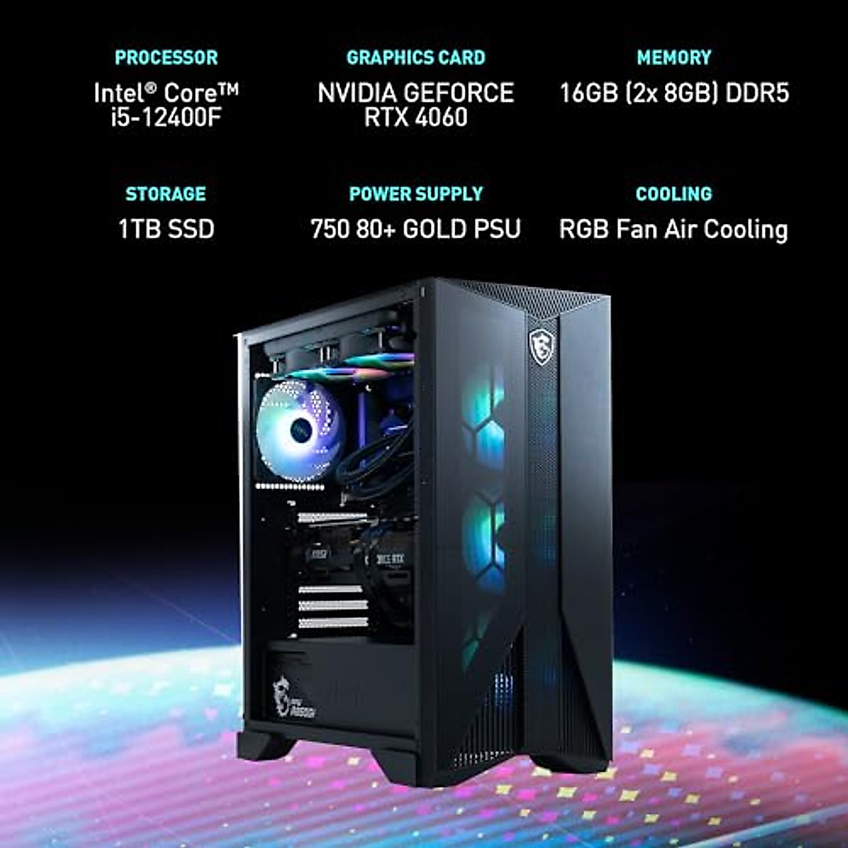MSI Aegis R (Tower) Gaming Desktop, Intel Core i5-12400F, GeForce RTX 4060, 16GB Memory (8GB x 2), 1TB SSD, USB Type-C, VR-Ready, Windows 11 Home Plus,Black