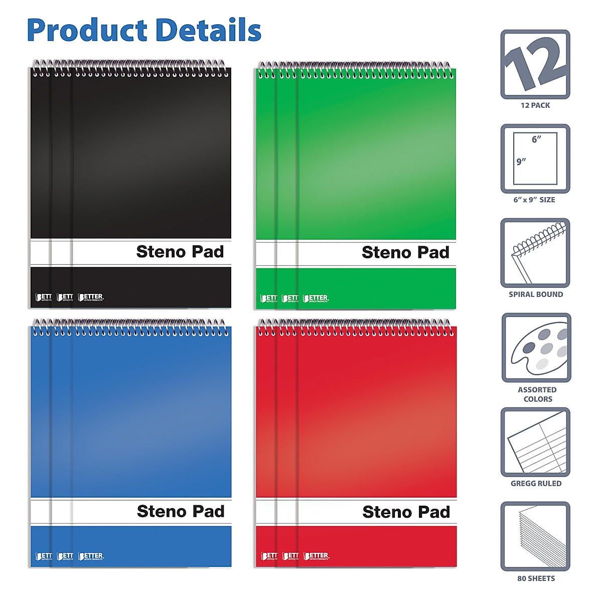 Spiral Steno Pads, 12 Pack, 6 x 9 inches, 80 Sheets, White Paper, Gregg Rule, by Better Office Products, Assorted Solid Colors (Red, Black, Blue, Green), 12 Steno Notebooks