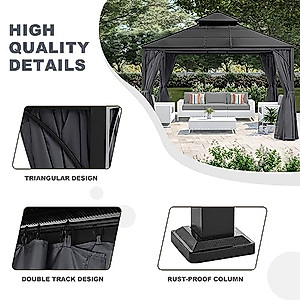 ABCPATIO 12x12 Hardtop Gazebo - Outdoor Polycarbonate Double Roof Gazebo Canopy, Metal Frame Permanent Pavilion with Curtains and Netting for Patio, Garden, Patio, Lawns (Dark Gray)