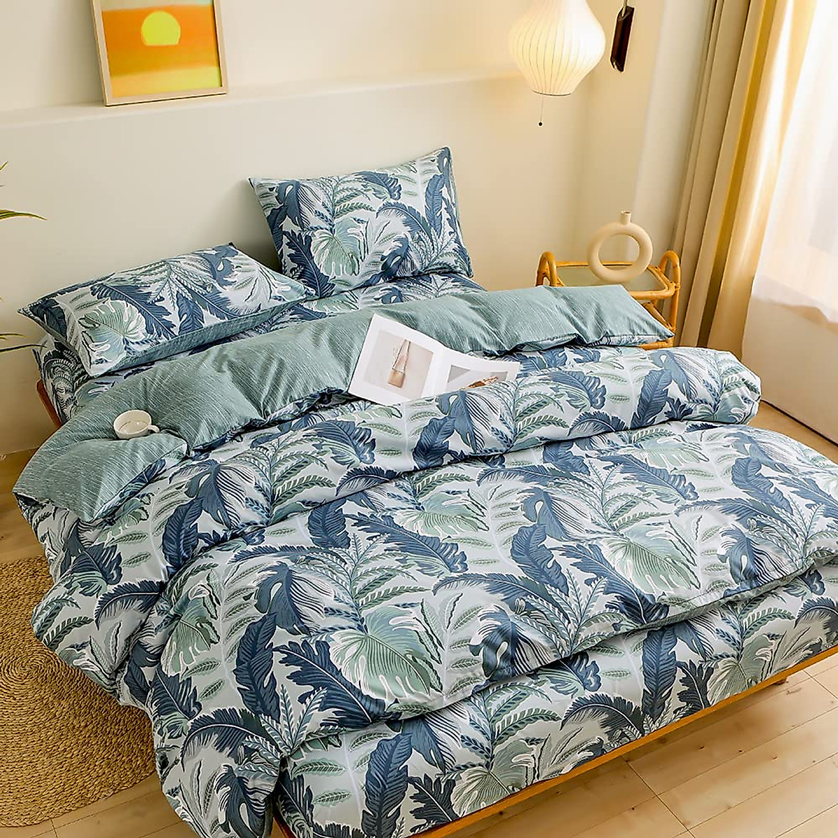 Koudi Tropical Duvet Cover Set Queen Blue Green Palm Leaves Monstera Plant Bedding Set Rainforest Botanical Microfiber Comforter Cover with Zipper Ties