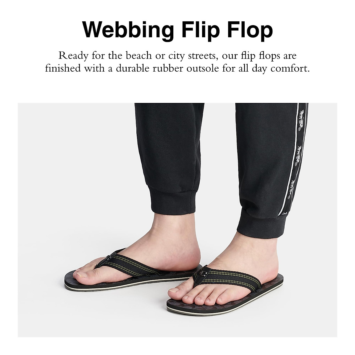 Coach Men's Signature Webbing Flip Flop, Charcoal/Black, 12