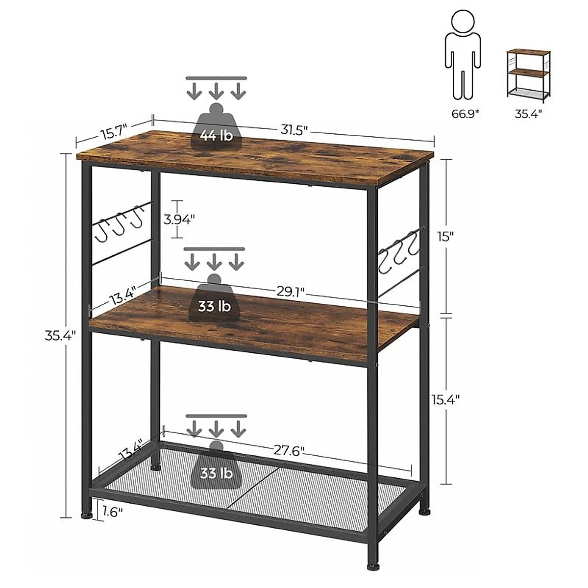 VASAGLE Bakers Rack, Kitchen Shelf, Kitchen Island, Microwave Oven Stand with 3 Open Shelves, 6 Hooks, Metal Frame, 15.7 x 31.5 x 35.4 Inches, Industrial, Rustic Brown and Black UKKI002B01